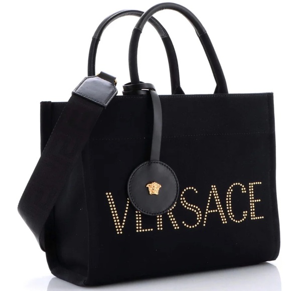 Versace | Bags | Authentic Versace Logo La Medusa Gold Studded Black ...
